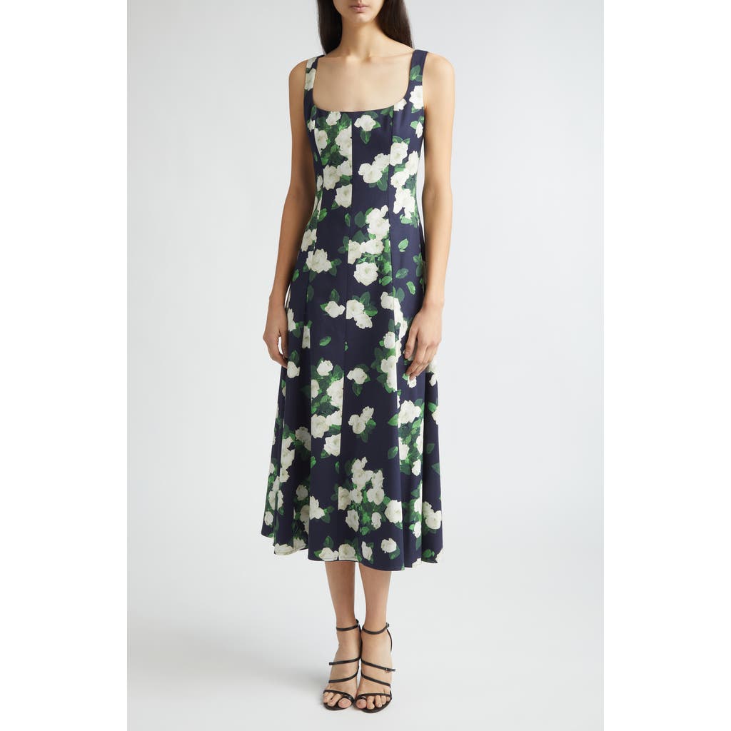 CAROLINA HERRERA Carolina Herrera Rose Print Sleeveless Square Neck Midi Dress